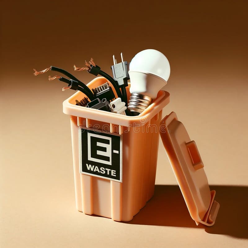 LED Bulb and Batteries in the Trash Can. Garbage Sorting Concept Stock ...
