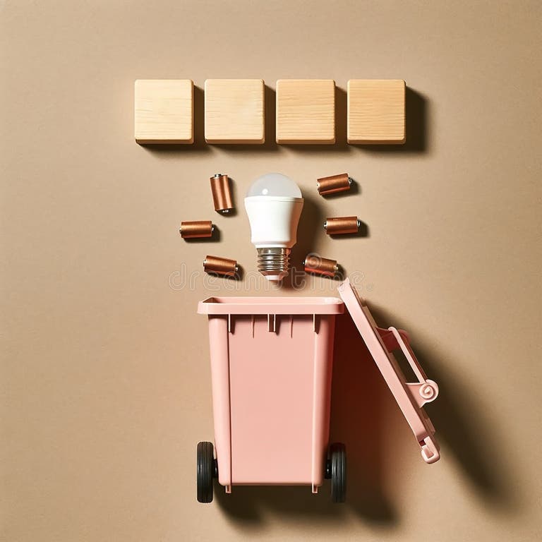 LED Bulb and Batteries in the Trash Can. Garbage Sorting Concept Stock ...