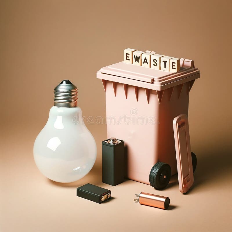 LED Bulb and Batteries in the Trash Can. Garbage Sorting Concept Stock ...