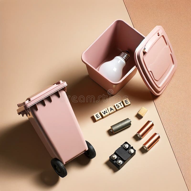LED Bulb and Batteries in the Trash Can. Garbage Sorting Concept Stock ...