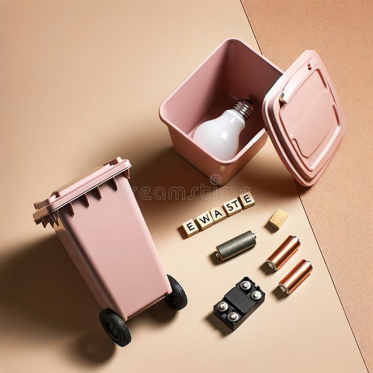 LED Bulb and Batteries in the Trash Can. Garbage Sorting Concept Stock ...