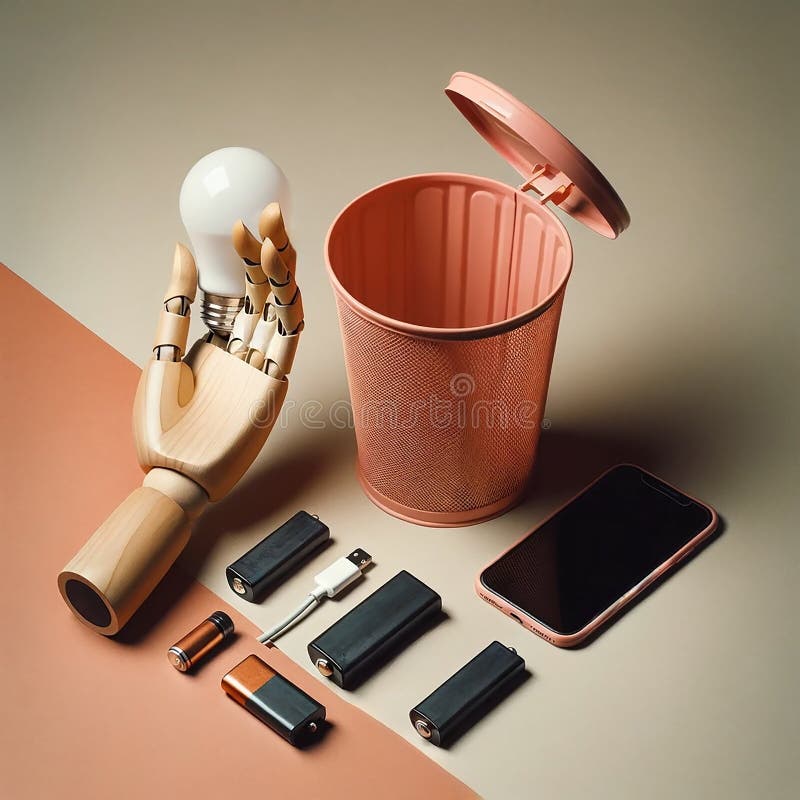 LED Bulb and Batteries in the Trash Can. Garbage Sorting Concept Stock ...