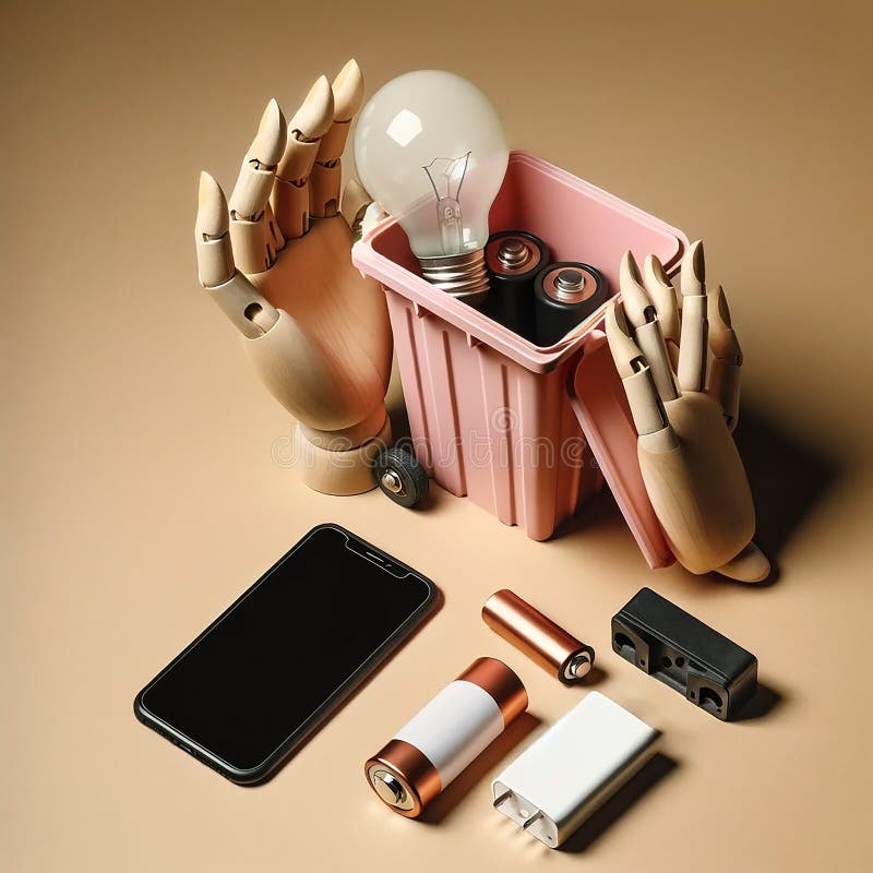 LED Bulb and Batteries in the Trash Can. Garbage Sorting Concept Stock ...