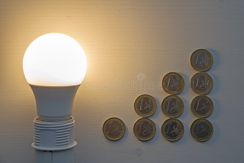 Led Bulb with Coins Next To it. Stock Photo - Image of environment ...