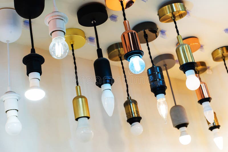 LED Bulbs of Various Shapes and Types in an Electrical Store. Selective ...