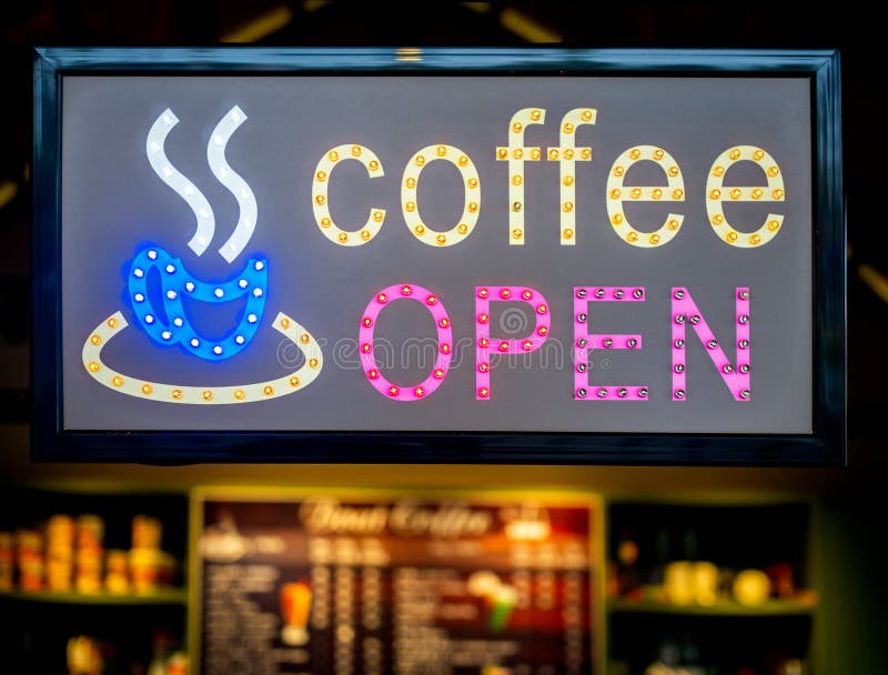 LED coffee shop sign. stock photo. Image of bright, cafe - 155799468