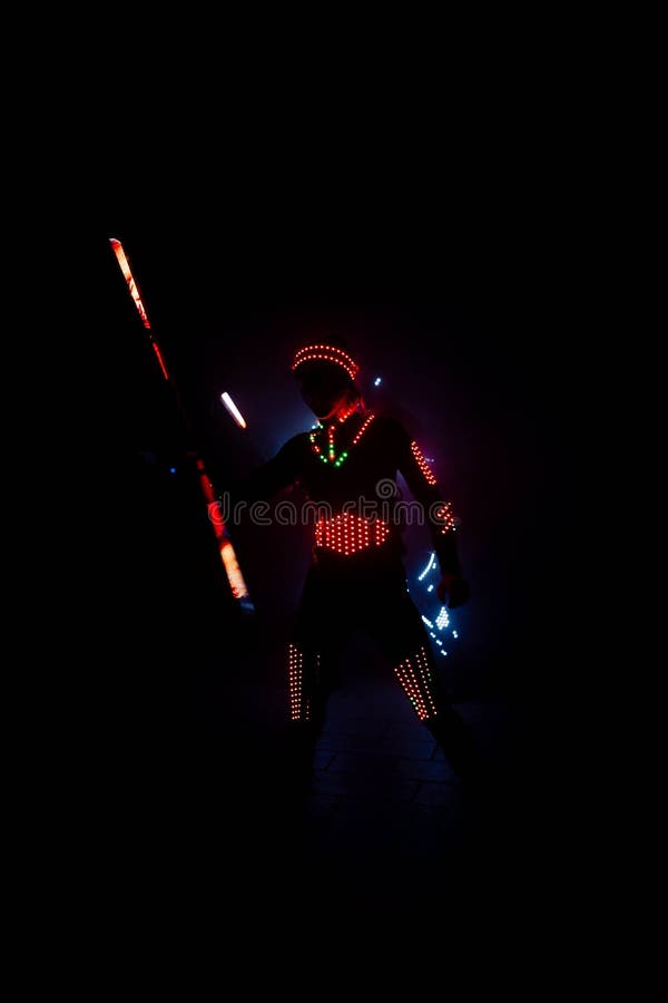 Led Dancer Performing in the Dark with Light Emitting Suit and Gloves ...