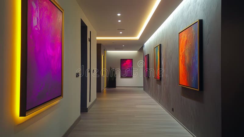 LED Downlights Highlighting Artwork in a Gallery-inspired Hallway Stock ...