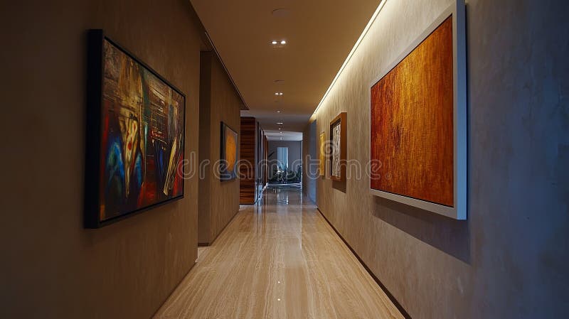 LED Downlights Highlighting Artwork in a Gallery-inspired Hallway Stock ...