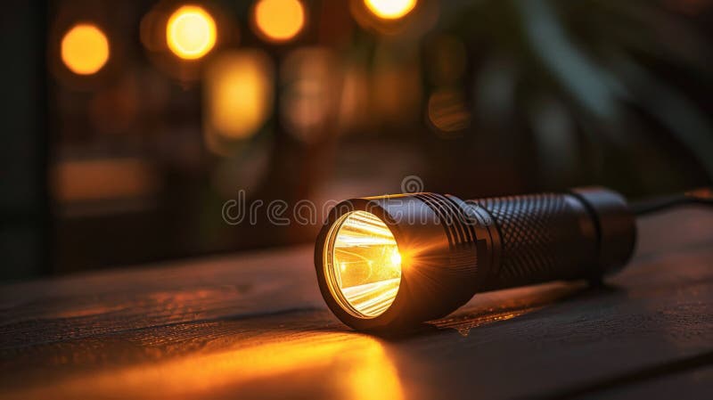 An LED Flashlight Turned on, Casting Light on a Wooden Surface, with ...