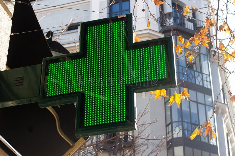 Green Led Cross Lighting of Pharmacy Stock Photo - Image of outdoor ...