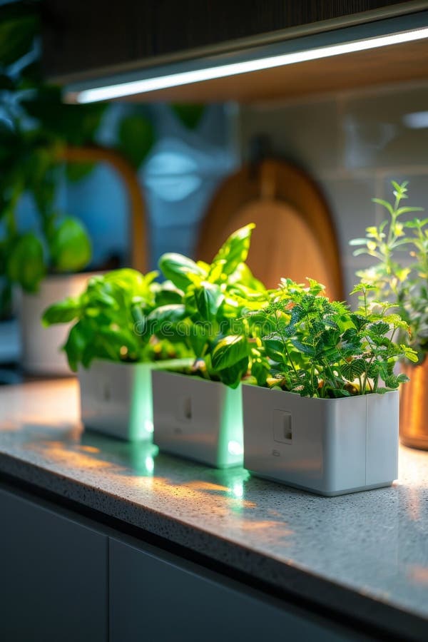 LED Grow Lights Nurturing Basil, Mint, and Parsley in a Water-based ...