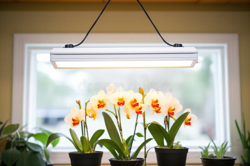 Led Grow Lights Shining on Orchids Indoors Stock Photo - Image of ...