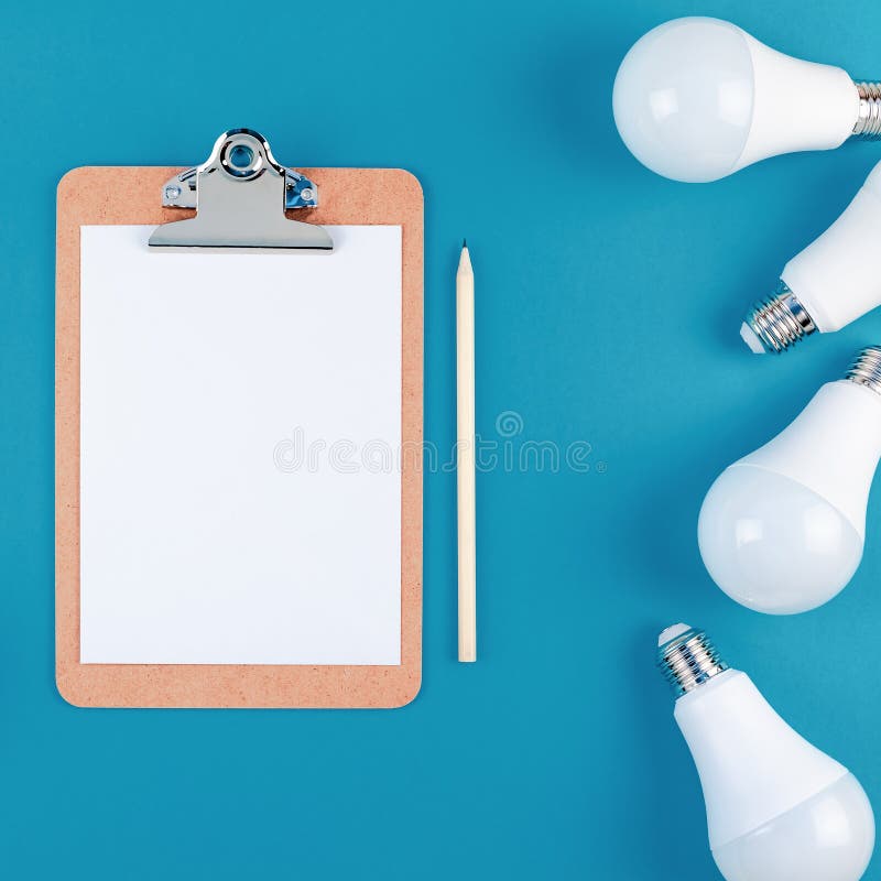 LED Light Bulbs Frame and Blank Paper in Clipboard Stock Image - Image ...