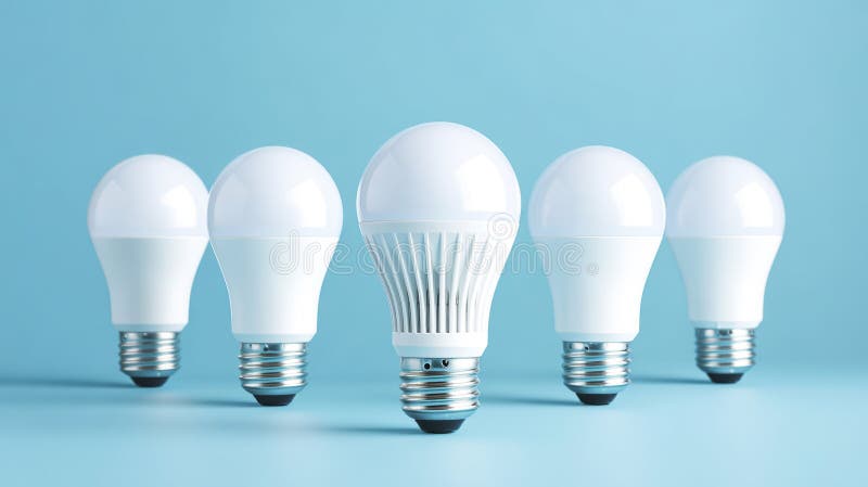 LED Light Bulbs Positioned Against Light Blue Backdrop, Highlighting ...