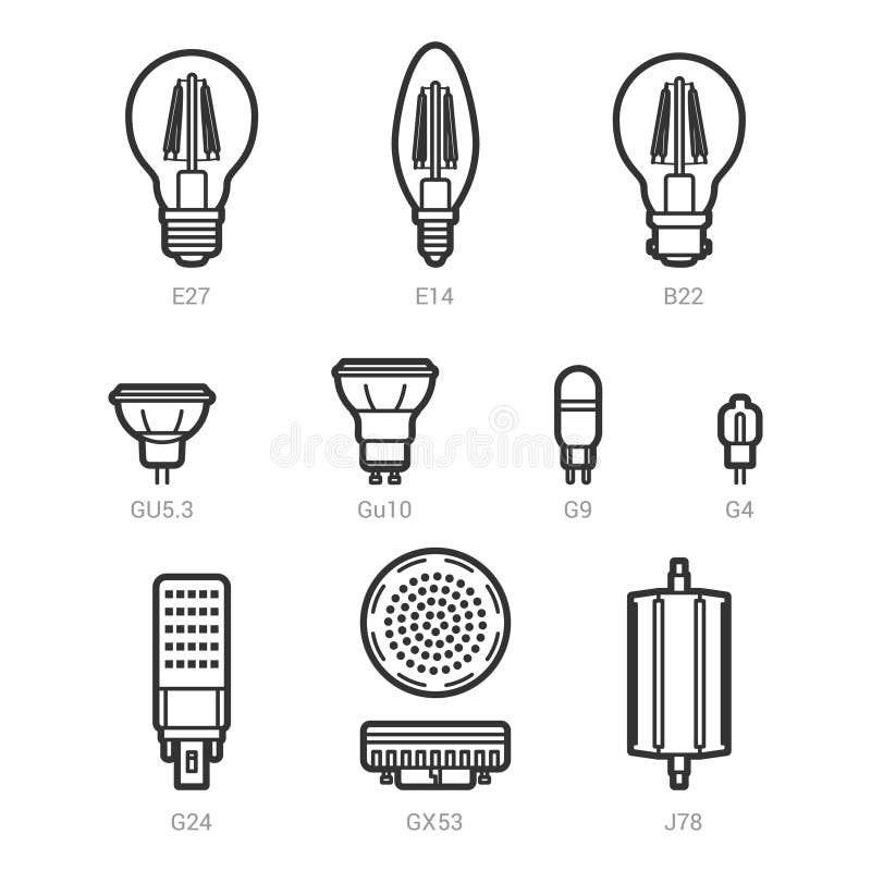 LED Light Lamp Bulbs Vector Outline Icon Set Stock Vector ...
