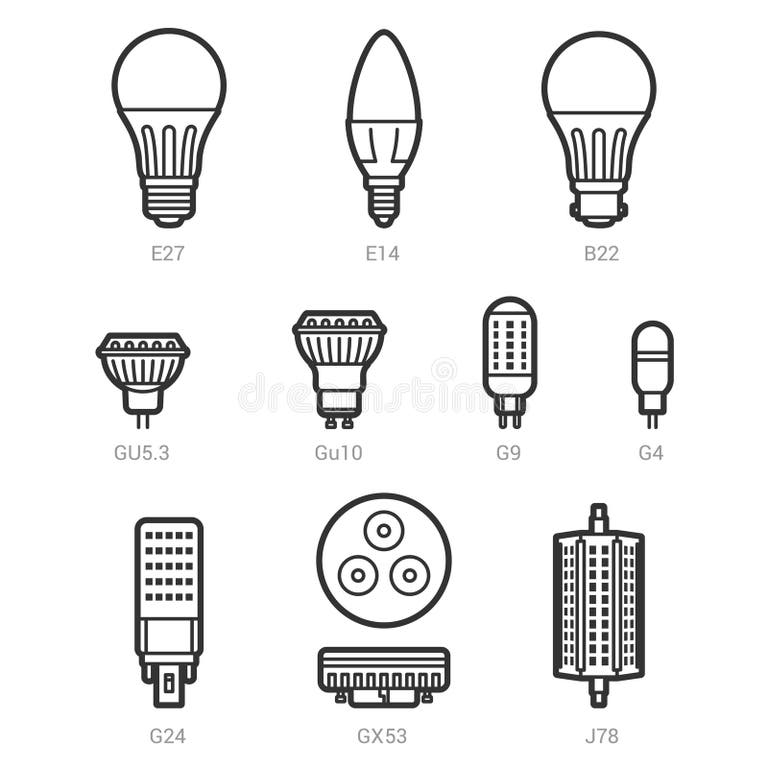 LED Light Lamp Bulbs Vector Outline Icon Set Stock Vector ...