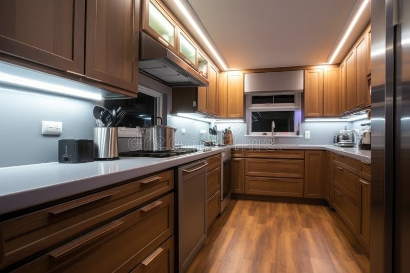 Led Light Strips Installed Under Kitchen Cabinets Stock Photo - Image ...