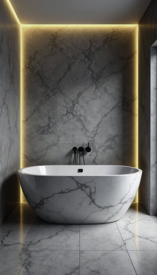 LED Lighting Accenting a Grey Marble Freestanding Tub, Accent, Modern ...