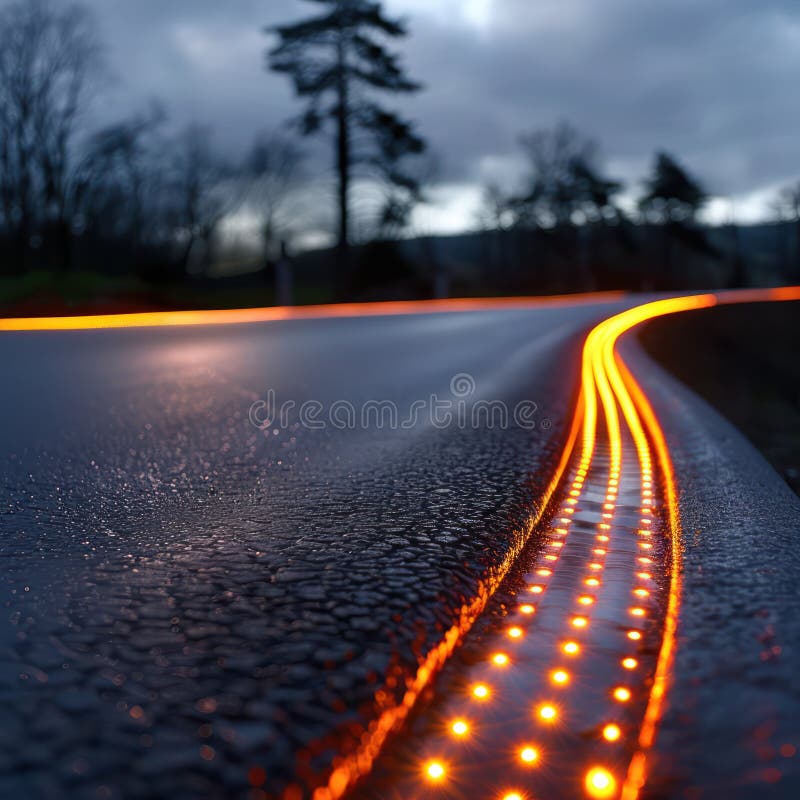 LED Lights Illuminate the Curves of an Asphalt Road at Night Stock ...