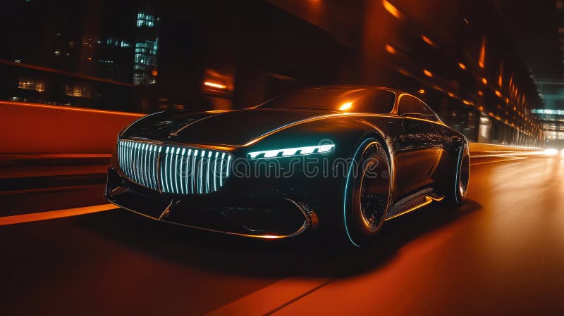 LED-Lit Car Racing at Night Full Throttle. Stock Illustration ...