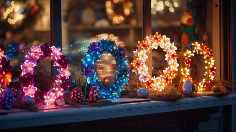 LED-Lit Customizable Easter Wreaths in Craft Shop Window Stock Image ...