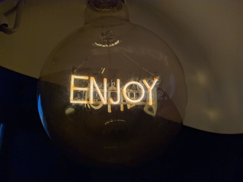 LED Sign Enjoy. Inscription Enjoy Inside the Lamp. Stock Image - Image ...