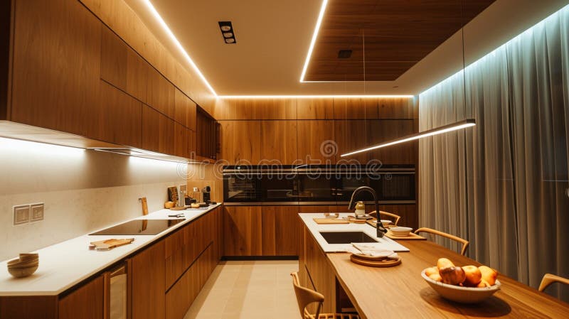Led Strip on the Ceiling Illuminating the Modern Wood Kitchen Area. AI ...