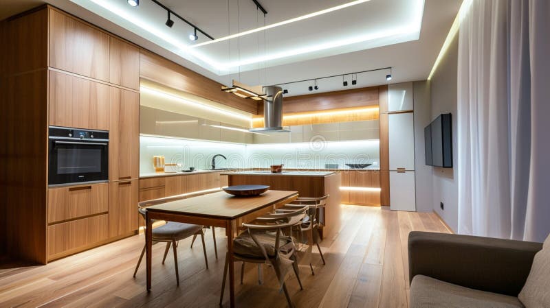 Led Strip on the Ceiling Illuminating the Modern Wood Kitchen Area. AI ...