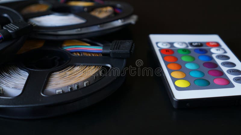 Led Strip Coils Closeup. Diode with Control Panel for Switching Colors ...