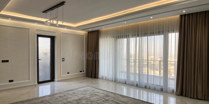 LED Strip Light Suspended in Empty Living Room Stock Image - Image of ...