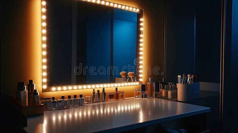 LED Strip Lighting Framing a Makeup Vanity Mirror, Creating Stock Image ...