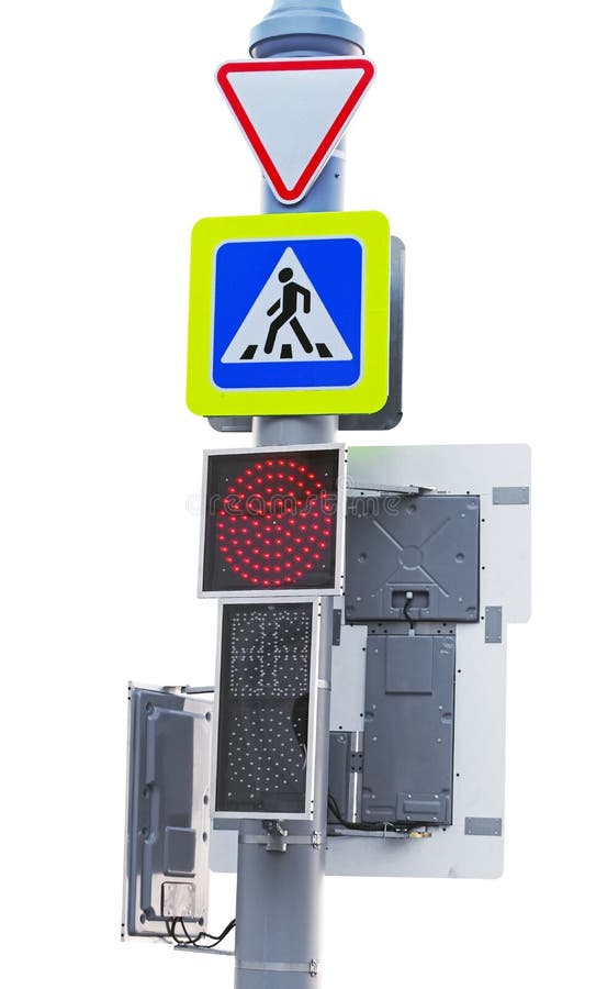 Led Traffic Light and Road Sign Isolated on White Stock Photo - Image ...