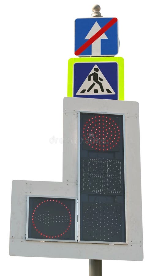 Led Traffic Light and Road Sign Isolated on White Stock Image - Image ...