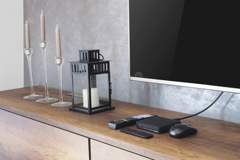 Led TV on TV Stand with Digital TV Box, Decorate in Loft Style, Stock ...