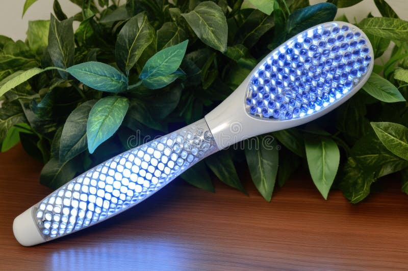 Led-vibrating Skincare Tool on Wooden Surface with Greenery in ...