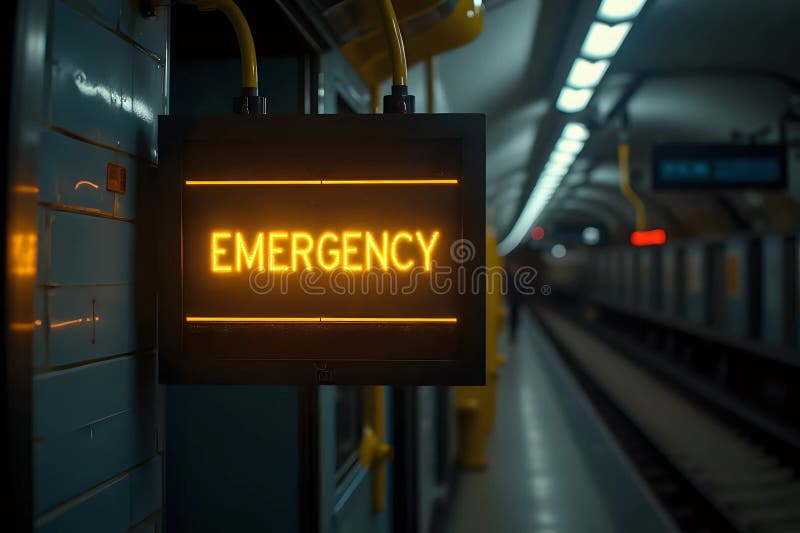 LED Yellow Signboard with Text EMERGENCY in the Subway Train Station ...