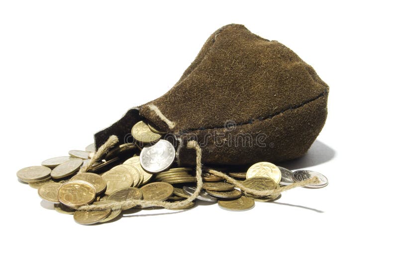 Lederner Sack voll Münzen stockfoto. Bild von sack, sparungen - 7786076