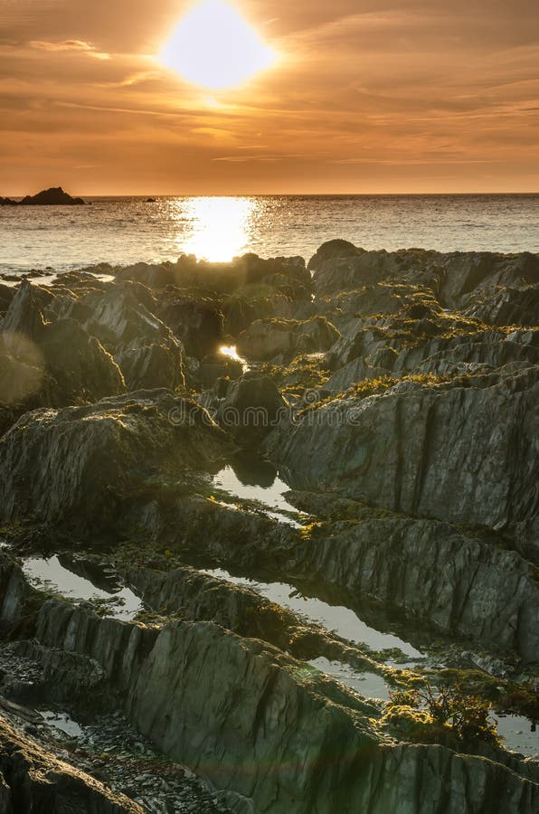 Lee Bay sunset stock photo. Image of england, beach, coast - 42029724