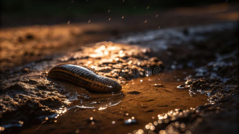 Leech Emerging from Damp Dirt after Rainfall Nature Closeup Dramatic ...