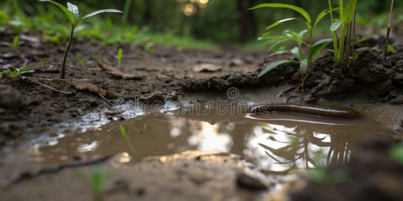 Leech Encounter in Muddy Puddle Nature Scene Ground Level Shot with ...