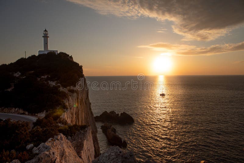Lefkada Island Lighthouse on the Sunset Stock Photo - Image of waves ...