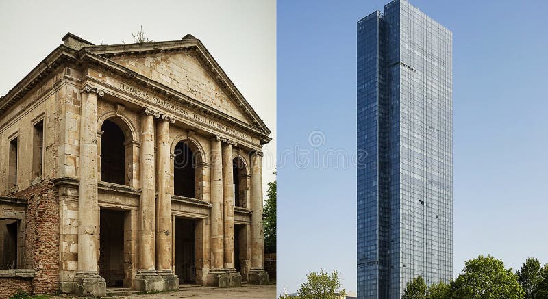 On the Left is an Ancient Roman-style Building with a Stone Façade ...