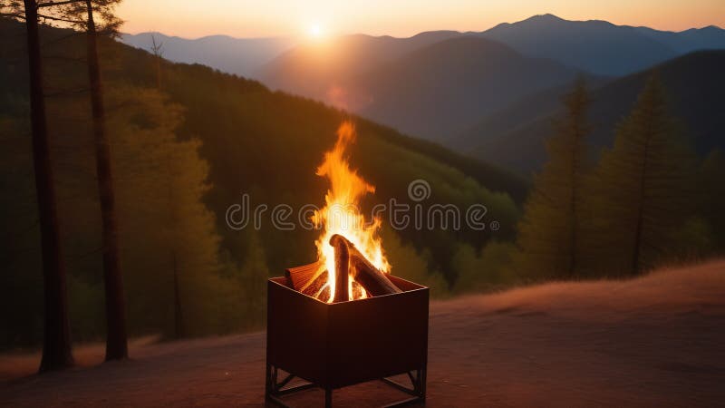 Left Burning Fire in the Forest. Firewood Burning in a Metal Frame ...