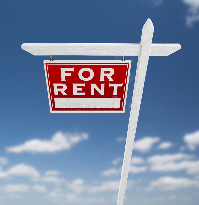 Left Facing for Rent Real Estate Sign on a Blue Sky with Clouds. Stock ...