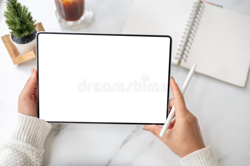 The Left Hand Holding Blank Screen Tablet Horizontally with Stylus ...