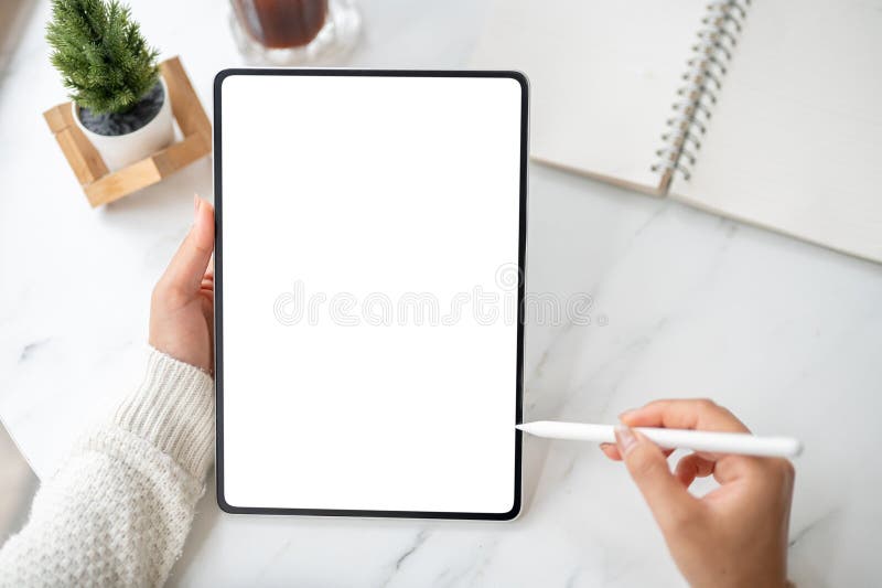 The Left Hand Holding Blank Screen Tablet with Stylus Pencil Pointing ...