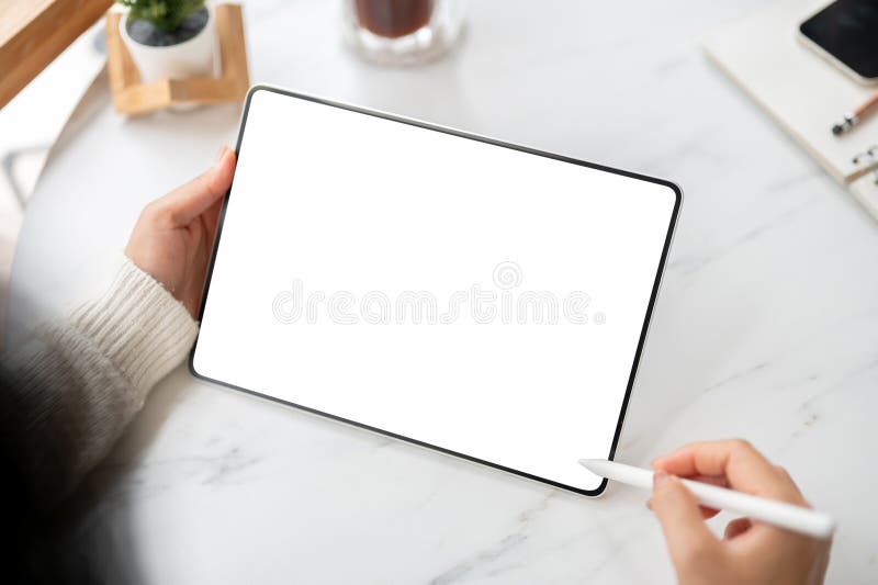 The Left Hand Holding Blank Screen Tablet and Stylus Pencil in Right ...