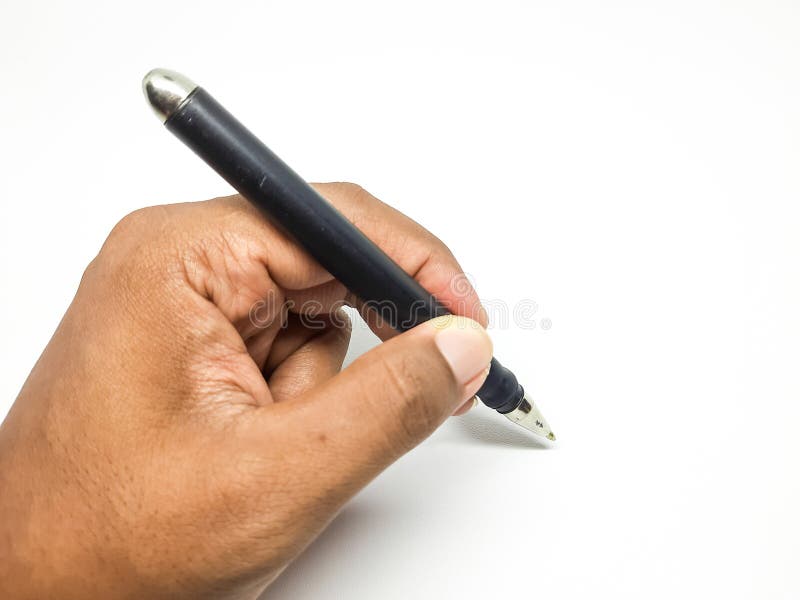 Left Hand of a Man Holding a Pen for Writing on an Isolated Background ...