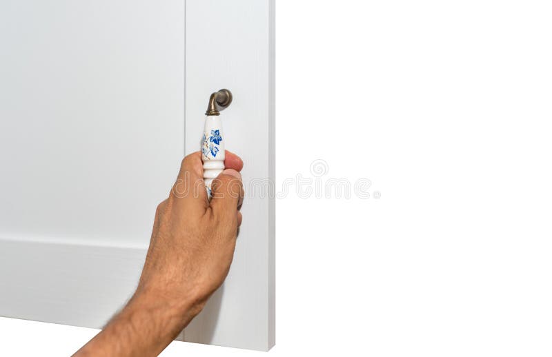 Left Hand Opens the Cabinet Door Over White Stock Image - Image of wide ...